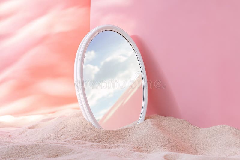 Oval White Mirror Frame Leaning on a Pastel Pink Wall, Surrounded by ...