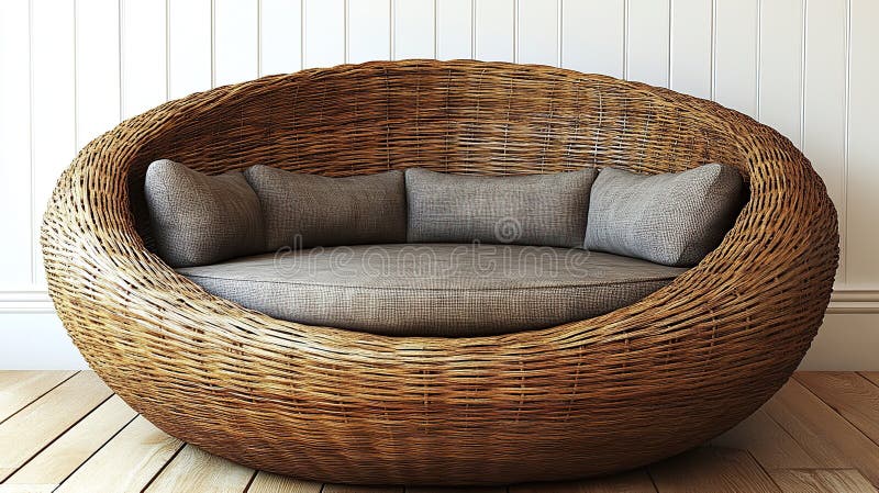 Oval Wicker Sofa with Gray Cushions in a Bright Room Stock Illustration ...