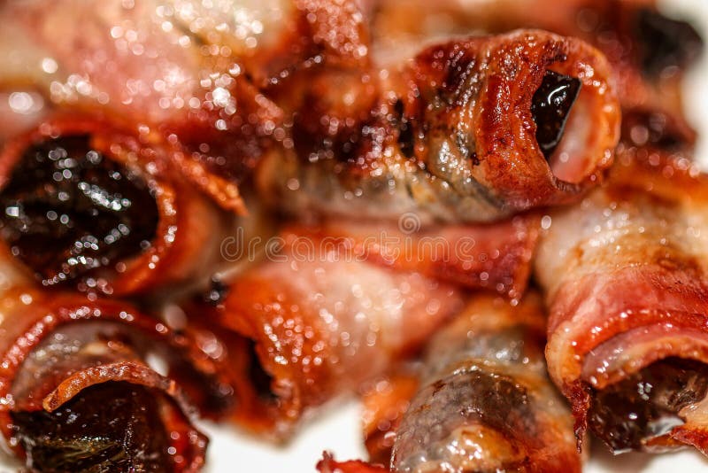 In the Oven Baked Bacon Filled with Plums Stock Photo - Image of meal ...