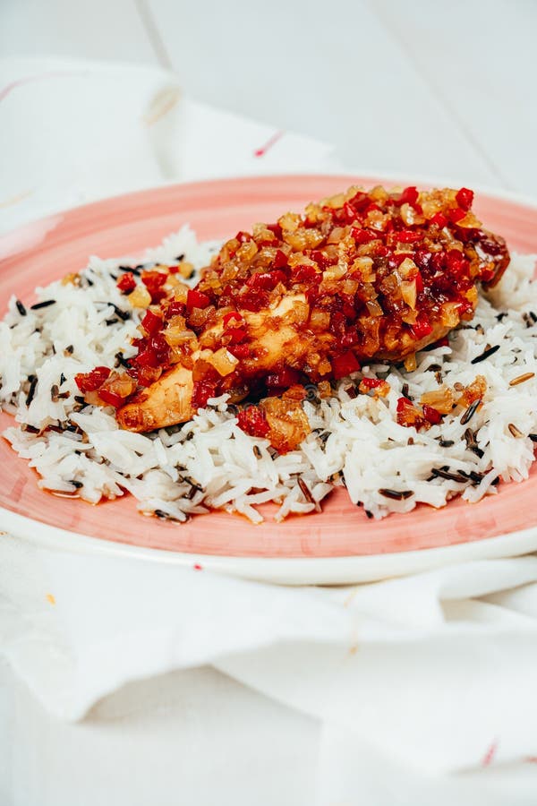 Oven Baked Chicken with Red and Yellow Pepper and Rice Stock Photo ...