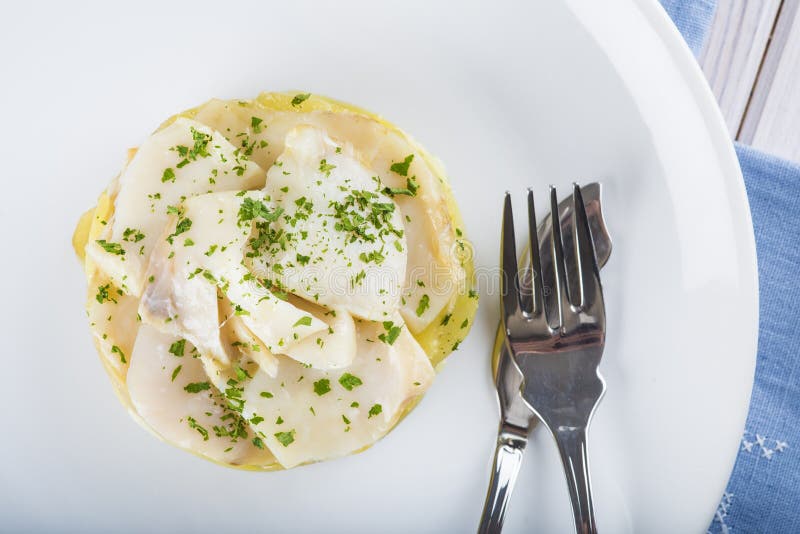Oven Baked Cod Fish with Potatoes Stock Image - Image of cork, knife ...