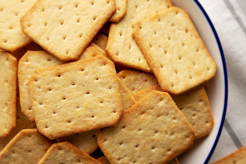 Oven Baked Crackers on a Plate, Top View. Flat Lay, Overhead, from ...