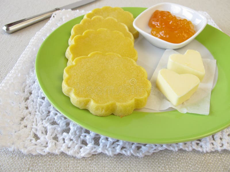 Oven Baked Gluten-free Maize Pancakes with Butter and Jam Stock Image ...
