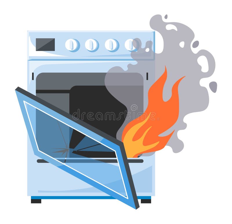 Broken Oven or Stove on Fire, Damaged Malfunction Stock Vector ...