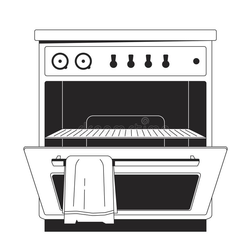Oven with Open Door, Empty Rack Black and White 2D Line Object Stock ...