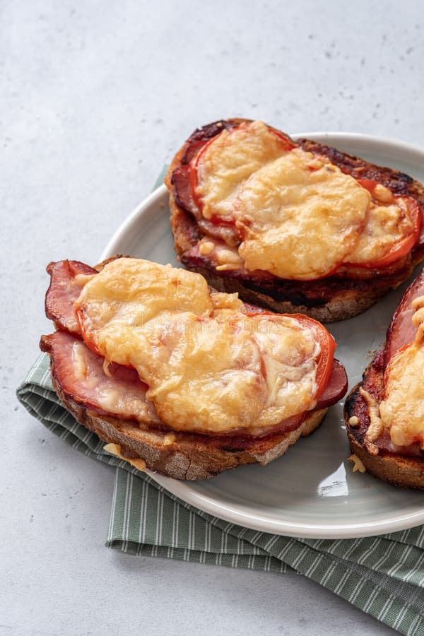 Baked Open Sandwich with Ham, Tomato and Cheese Stock Photo - Image of ...