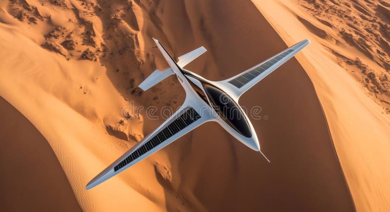 Over a Desert Landscape, a Flying Solar Powered Drone Represents an ...