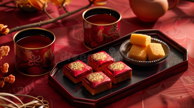 Over Marmora, Two Tins of Red Tea Served with Sweets and Pasteles Stock ...