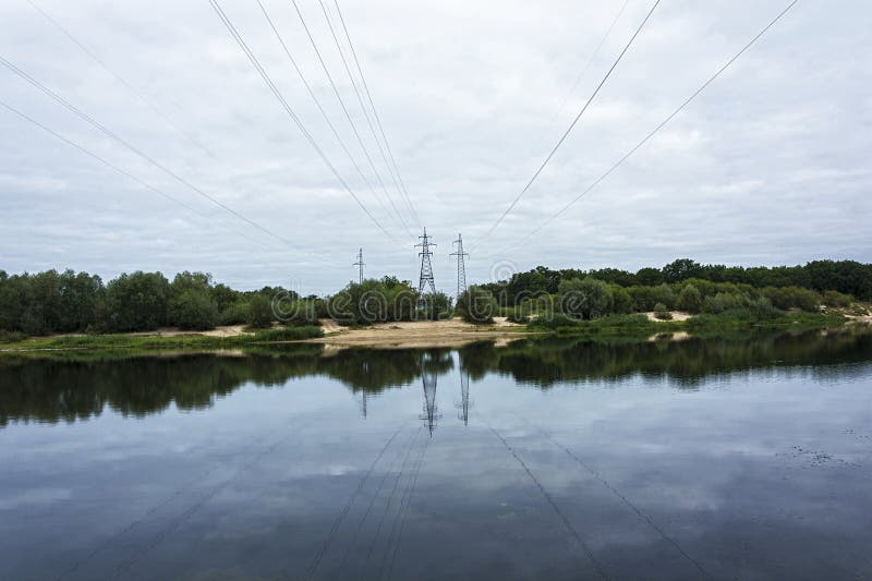 Over the River Stretched the High-voltage Cable Power Lines Stock Photo ...