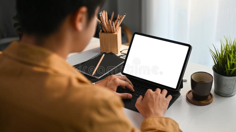 Over Shoulder Closeup View of Man Working on Computer Tablet. Stock ...