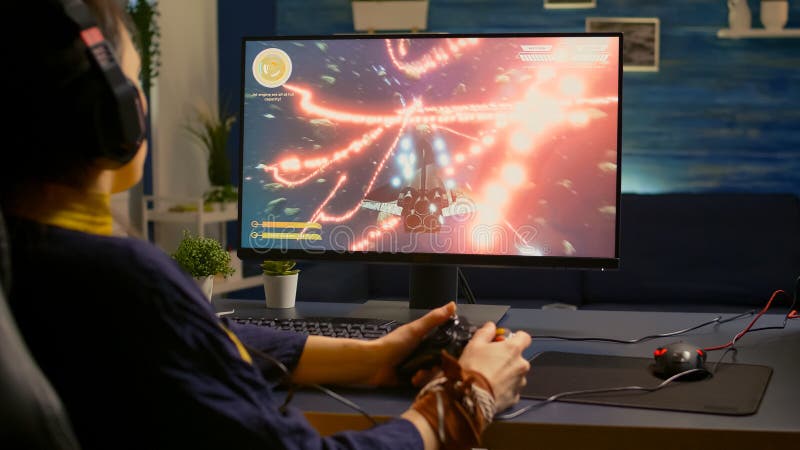 Over Shoulder of Focused Cyber Player Wearing Headset Stock Image ...