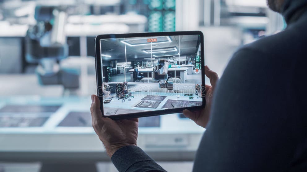 Over the Shoulder Shot of a Robotics Engineer Using a Tablet Computer ...