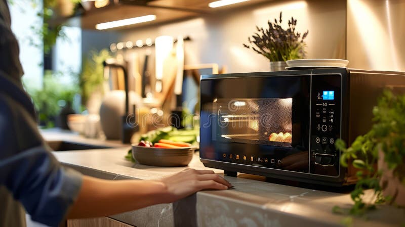 Over the Shoulder Shot of Someone Using a Modern Microwave in a Stylish ...