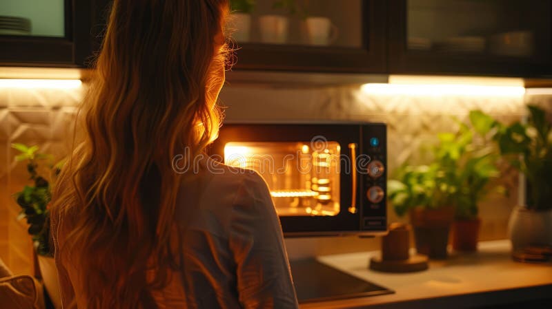Over the Shoulder Shot of Someone Using a Modern Microwave in a Stylish ...