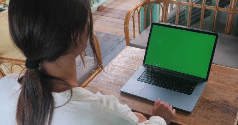 Over the Shoulder Shot Woman Student Using Laptop Computer at Cafe ...