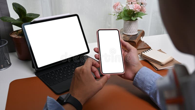 Over Shoulder View of Businessman Sitting in Front of Computer Tablet ...