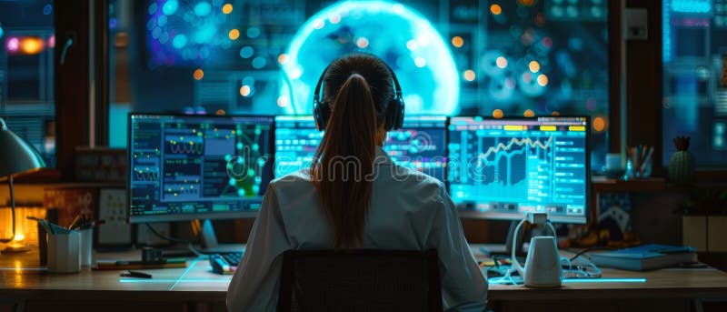 An Over The Shoulder View Of A Computer Scientist At Her Workstation Coding Neural Networks An