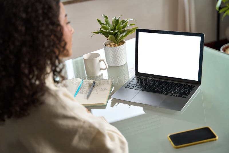 Over Shoulder View of Girl Elearning Looking at Mock Up Pc Laptop ...
