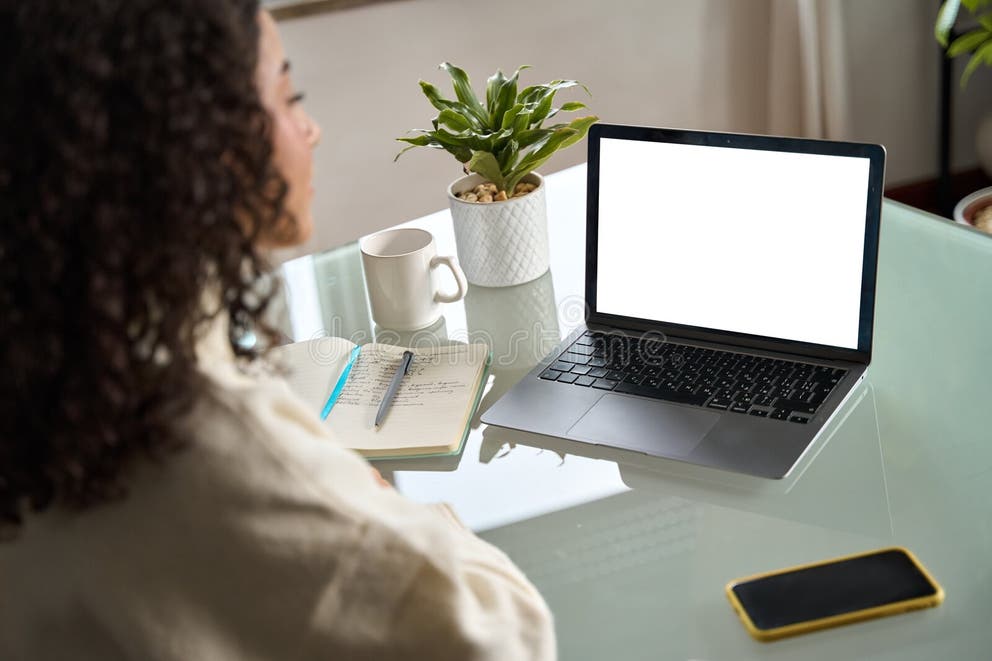 Over Shoulder View of Girl Elearning Looking at Mock Up Pc Laptop Screen. Stock Image - Image of ...