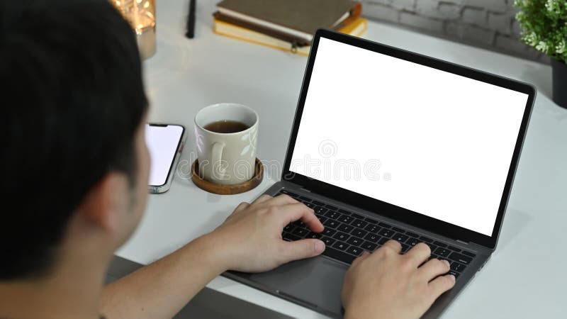 Over Shoulder View of Man Freelancer Looking at Laptop Screen Working ...