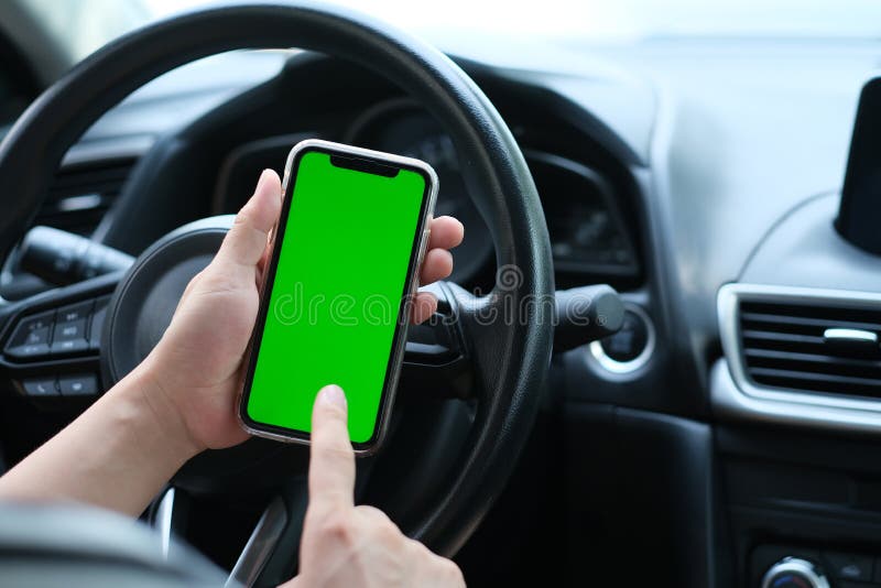 Man Hand Tapping Using Green Screen Smart Phone Inside Car Stock Image ...