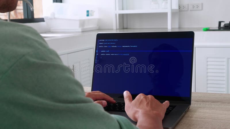 Over the Shoulder Shot Business Man Using Laptop with Mock-up Green ...