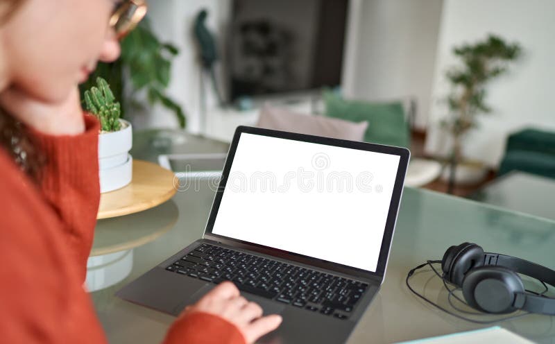 Over Shoulder View of Woman Elearning Looking at Mock Up Screen Using ...