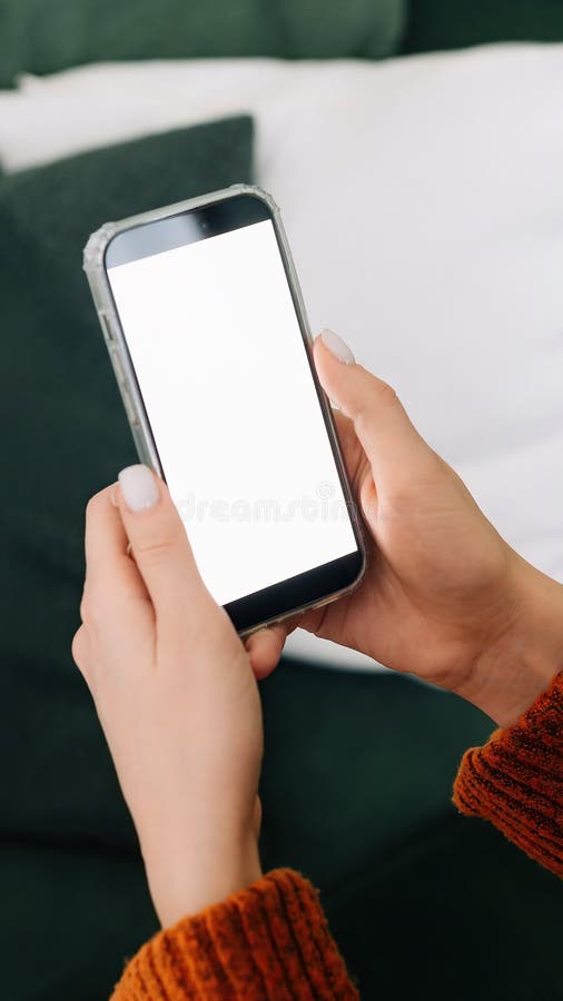 Over Shoulder View of Woman Holding Smartphone with White Mock Up ...