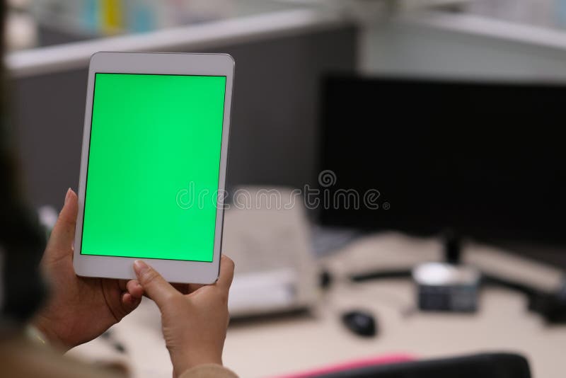 Woman Using Green Screen Tablet in Office Stock Image - Image of woman ... Woman Using Green Screen Tablet in Office Stock Image - Image of woman ...