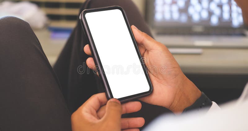 Over Shoulder View of Young Man Hands Holding Smart Phone Empty Screen ...