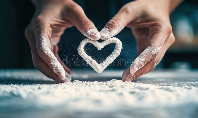 Two Hands Dusted with Flour Create a Heart Shape Over a Flour-covered ...