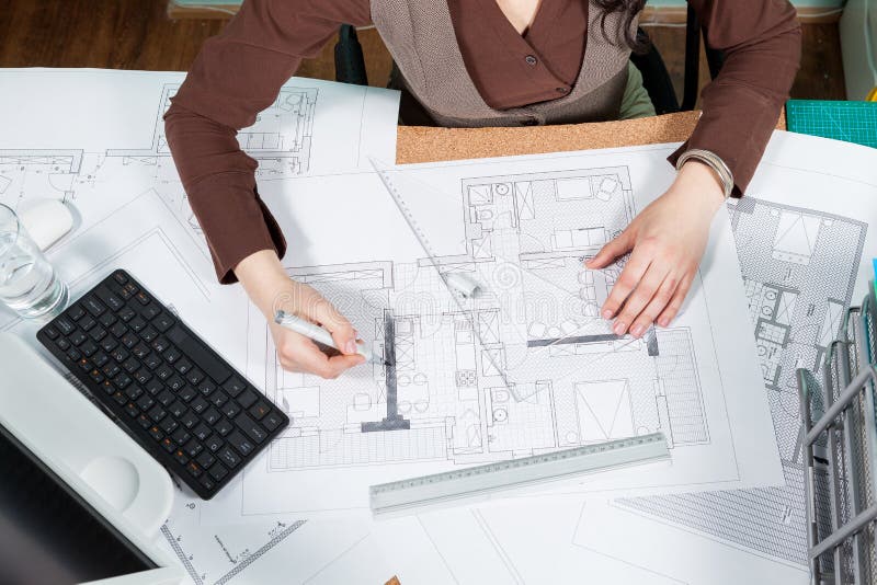 Over Top View of Architect Working at Her Desk Stock Image - Image of ...