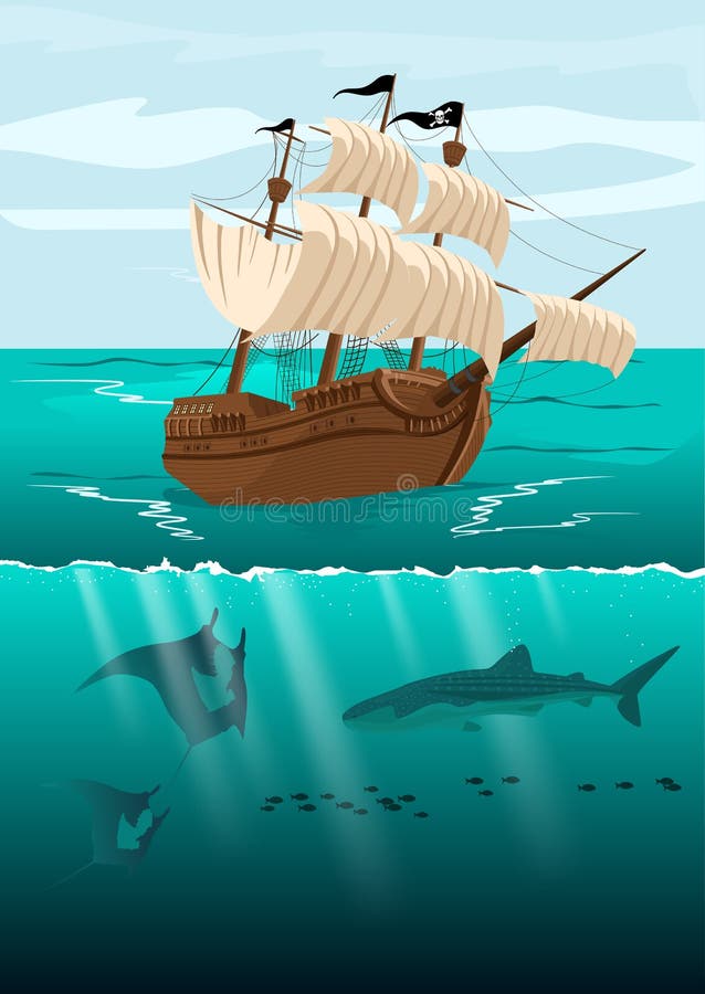 Over-under Split View of Pirate Ship Stock Vector - Illustration of ...