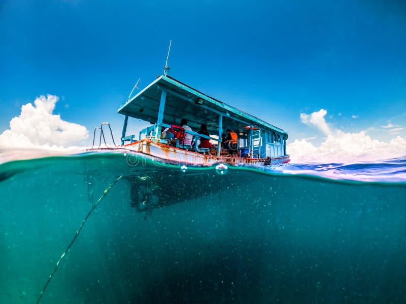 Over Under View of Seabed Scuba Diving Boat Stock Photo - Image of ...