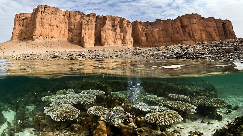 Over Underwater Shot of Coral Reef and Sandstone Cliffs Stock Photo ...
