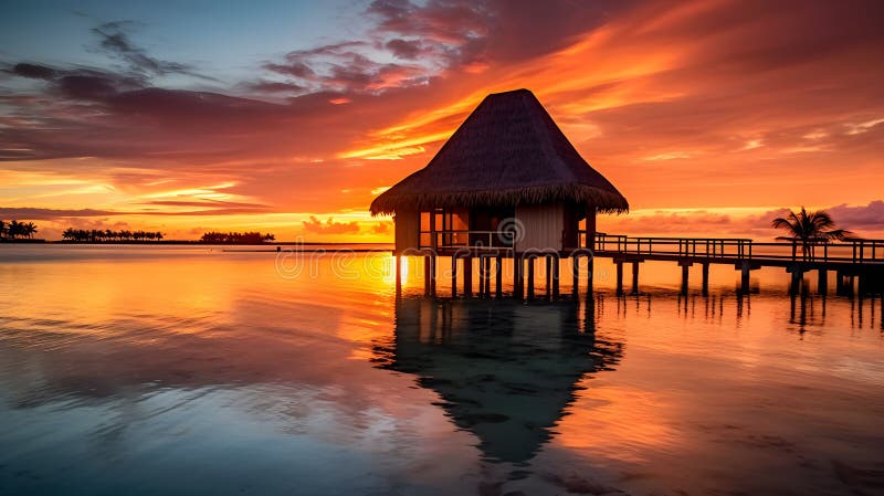 Over-water Hut Silhouetted Against a Scenic Sunset Backdrop Over the ...
