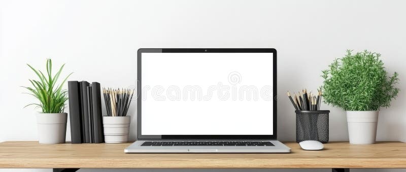 Over a White Wall, a Minimal Working Desk with an Open Notebook Laptop ...