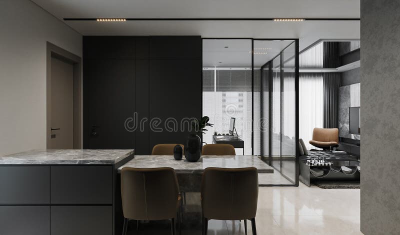 Overall View of Modern Interior from Kitchen Side, 3D Rendering Stock ...