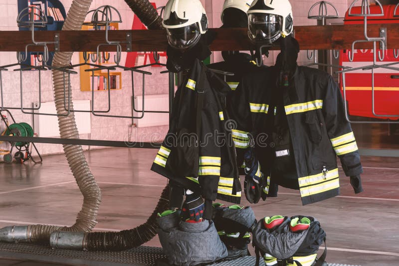 Overalls of a Fireman in a Fire Department Stock Image - Image of ...