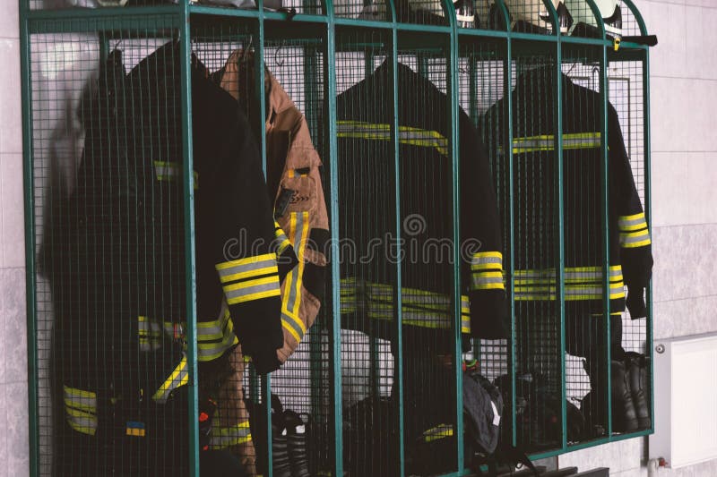 Overalls of a Fireman in a Fire Department Stock Image - Image of ...