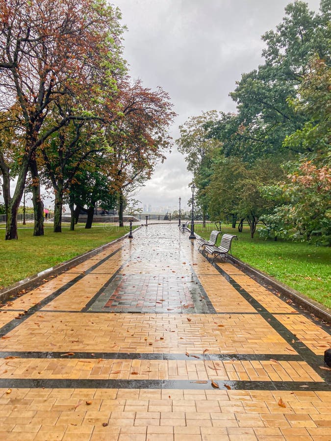 Overcast Outdoor Scene of a Well-maintained Park Pathway Lined with ...