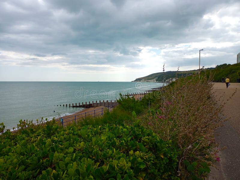 Overcast Sea Water View Beach Side Pathway Stock Photo - Image of hill ...