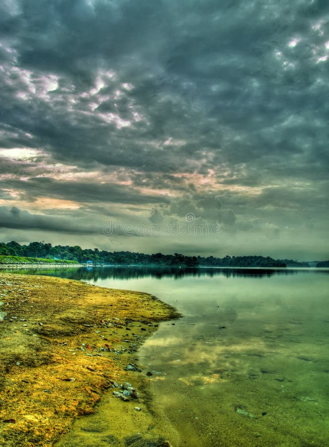Overcast Sunset at Reservoir Stock Image - Image of colour, reserves ...