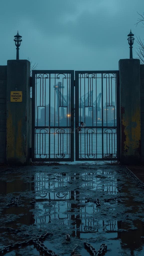 Overcast Waterfront Gate with Reflections and Distant Cranes on a ...