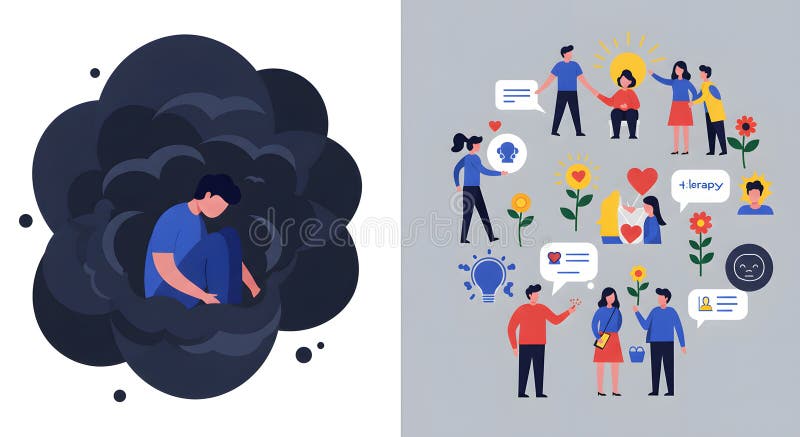 Overcoming Depression: Support and Therapy Illustration Stock ...