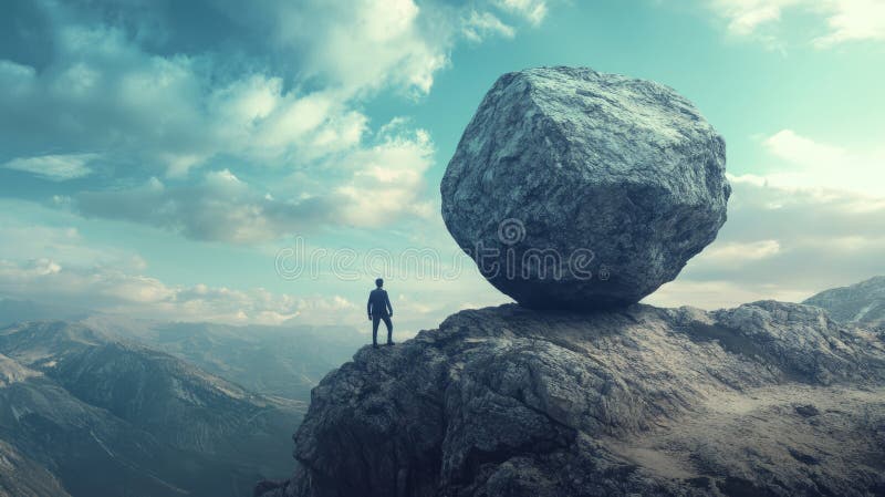 Overcoming Obstacles: Man Vs. Boulder Stock Illustration - Illustration ...
