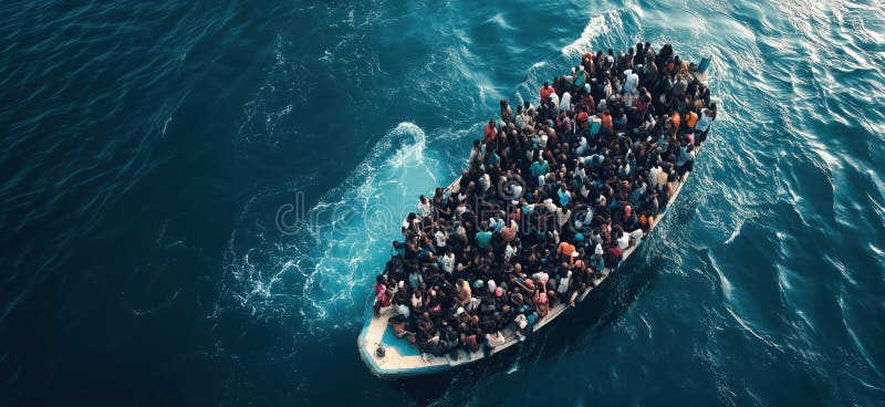 Overcrowded Boat Filled with Migrants Navigating through Ocean Waters ...