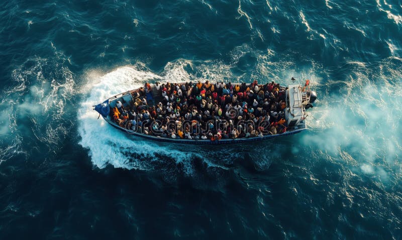 Overcrowded Boat at Sea with Migrants Stock Photo - Image of ...
