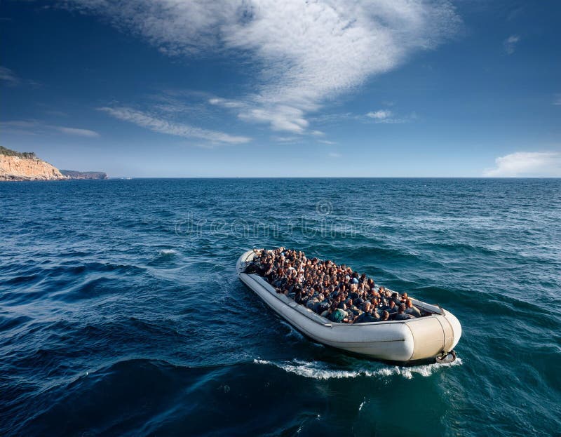 An Overcrowded Dinghy Drifting on an Open Sea, Indicating Risky ...
