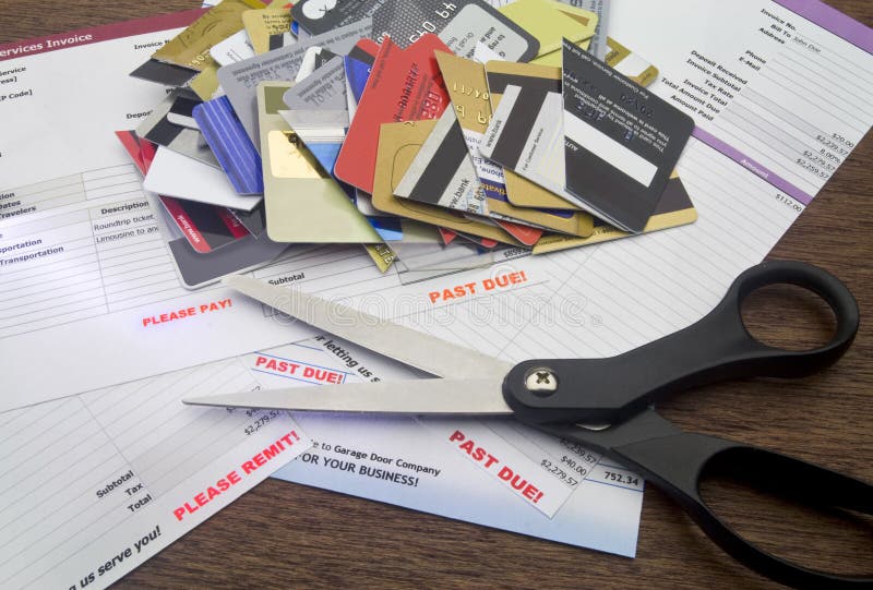 Overdue Bills, Scissors, & Cut Credit Cards Stock Photo - Image of ...